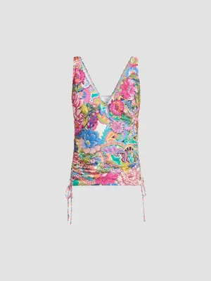Johnny Was Print Drawstring Ruched Tankini Top - Crispire