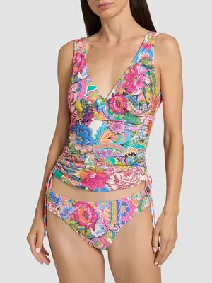 Johnny Was Print Drawstring Ruched Tankini Top