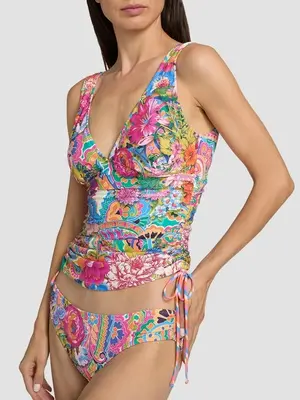 Johnny Was Print Drawstring Ruched Tankini Top