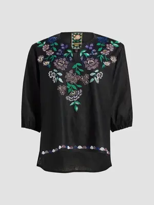 Johnny Was Sloane Embroidered Linen Blouse - Black