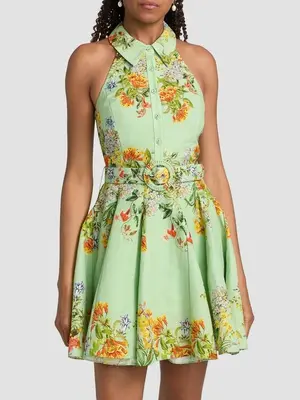 Hemant & Nandita Floral Linen-cotton Belted Minidress