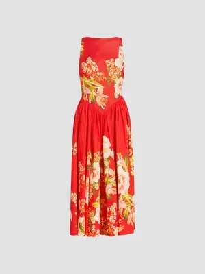 Hemant & Nandita Floral Cotton Boatneck Midi-dress - Orange