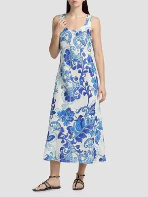 Johnny Was Botanical Linen Bias-cut Midi-dress
