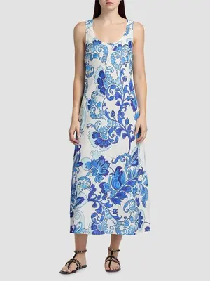 Johnny Was Botanical Linen Bias-cut Midi-dress