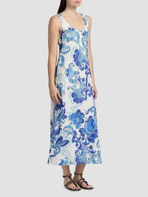 Johnny Was Botanical Linen Bias-cut Midi-dress