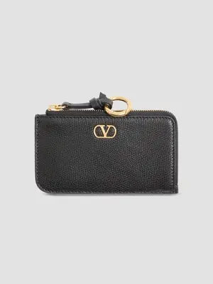 Valentino Garavani Zip-around Charm Card Holder In Grainy Calfskin - Black