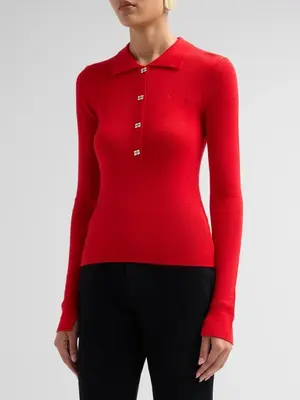 GANNI Mini Merino Rib-knit Long-sleeve Polo Top