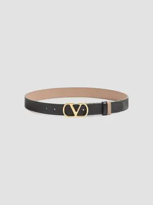 Valentino Garavani Vlogo Signature Reversible Shiny Calfskin Belt, 30mm Beige Black