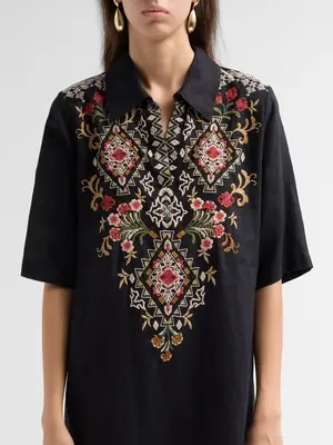 Johnny Was Tamira Linen Relaxed Henley Tunic Dress - Black