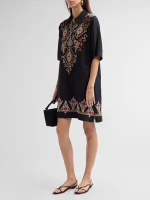 Johnny Was Tamira Linen Relaxed Henley Tunic Dress - Black