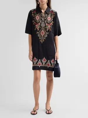 Johnny Was Tamira Linen Relaxed Henley Tunic Dress - Black