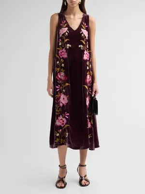 Johnny Was Floral Embroidered Velvet Shift Midi Dress