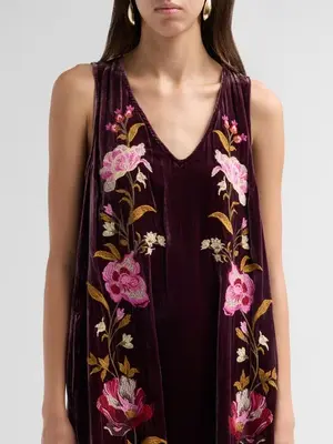 Johnny Was Floral Embroidered Velvet Shift Midi Dress