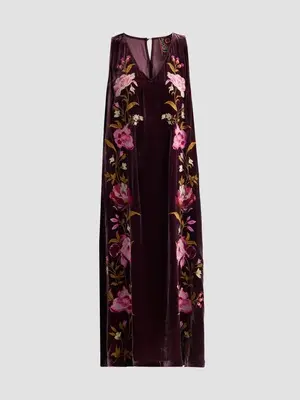 Johnny Was Floral Embroidered Velvet Shift Midi Dress - Amethyst