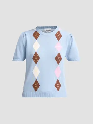 GANNI Argyle Cotton Knit Crewneck T-shirt
