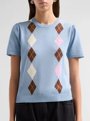 GANNI Argyle Cotton Knit Crewneck T-shirt