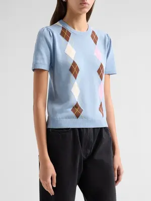 GANNI Argyle Cotton Knit Crewneck T-shirt