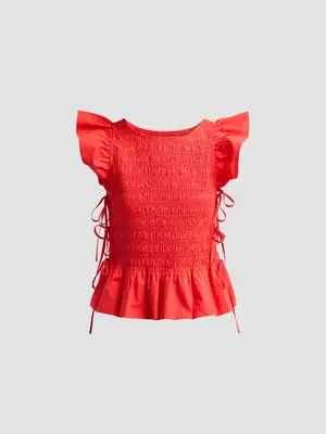 GANNI Stretch-cotton Angel-sleeve Smocked Top - Goji Berry