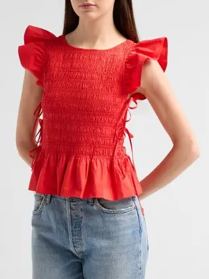 GANNI Stretch-cotton Angel-sleeve Smocked Top - Goji Berry
