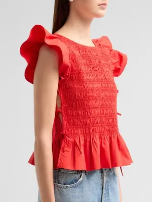 GANNI Stretch-cotton Angel-sleeve Smocked Top - Goji Berry