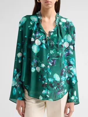Johnny Was Forti Floral Silk Ruffle Blouse