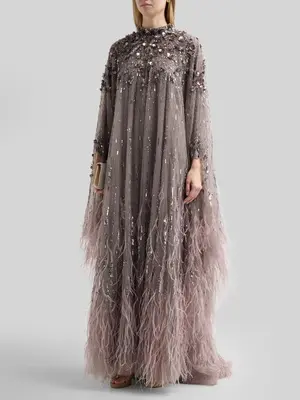Pamella Roland Embroidered Feathered Tulle Caftan Gown