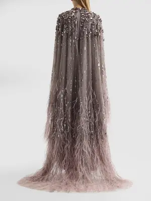 Pamella Roland Embroidered Feathered Tulle Caftan Gown