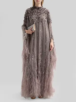Pamella Roland Embroidered Feathered Tulle Caftan Gown