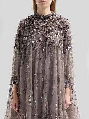 Pamella Roland Embroidered Feathered Tulle Caftan Gown