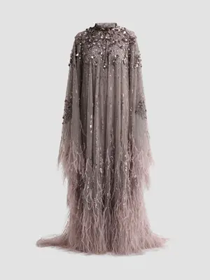 Pamella Roland Embroidered Feathered Tulle Caftan Gown - Silver