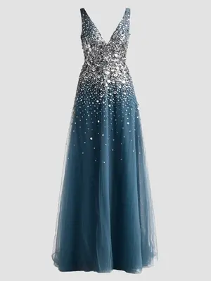 Pamella Roland Embellished Tulle V-neck Gown - Teal Multi