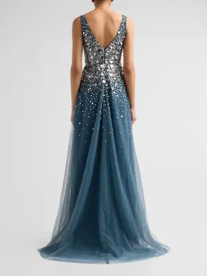 Pamella Roland Embellished Tulle V-neck Gown