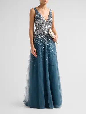 Pamella Roland Embellished Tulle V-neck Gown