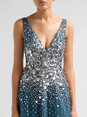 Pamella Roland Embellished Tulle V-neck Gown