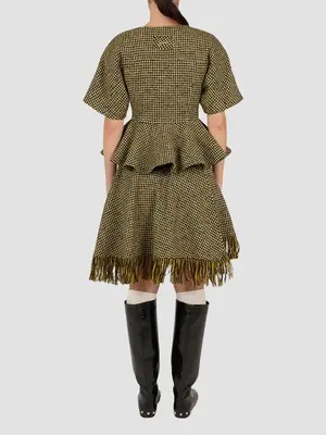 GANNI Fringed Houndstooth Asymmetric Mini Skirt