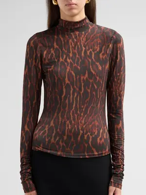 GANNI Printed Shiny Jersey Turtleneck Top - Rawhide