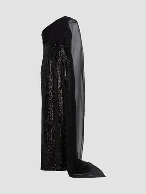 Pamella Roland Sequined Chiffon Cape-sleeve Column Gown - Black