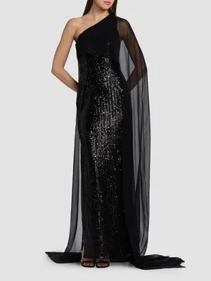 Pamella Roland Sequined Chiffon Cape-sleeve Column Gown