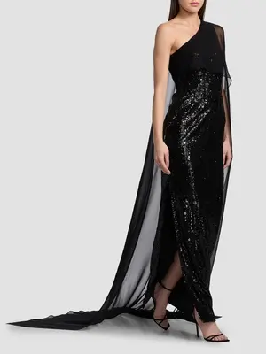 Pamella Roland Sequined Chiffon Cape-sleeve Column Gown