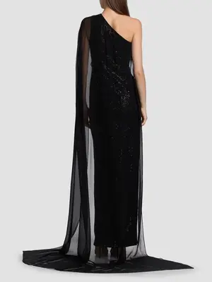 Pamella Roland Sequined Chiffon Cape-sleeve Column Gown