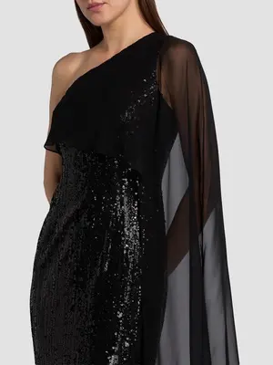 Pamella Roland Sequined Chiffon Cape-sleeve Column Gown