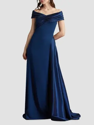 Tadashi Shoji Elysian Draped Overlay Train Gown - Navy