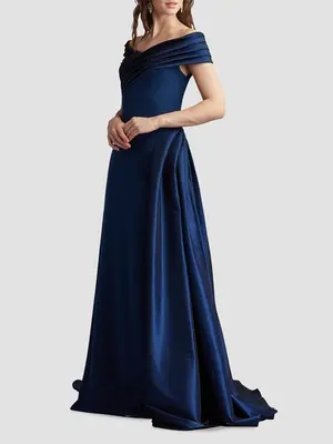 Tadashi Shoji Elysian Draped Overlay Train Gown - Navy