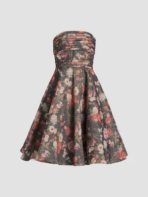 Pamella Roland Floral Taffeta Cocktail Dress - Black Multi
