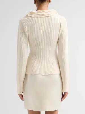 GANNI Rib-knit Merino Wool Frill Long-sleeve Top