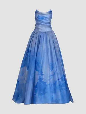 Pamella Roland Floral Silk Organza Strapless Gown