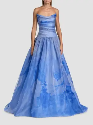 Pamella Roland Floral Silk Organza Strapless Gown