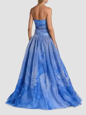 Pamella Roland Floral Silk Organza Strapless Gown