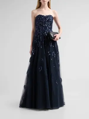 Pamella Roland Embellished Tulle Strapless Gown