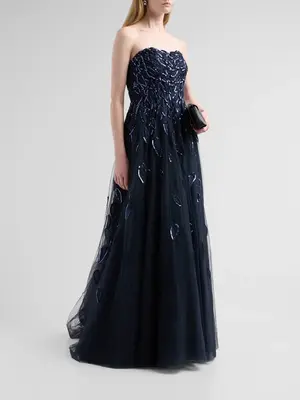 Pamella Roland Embellished Tulle Strapless Gown